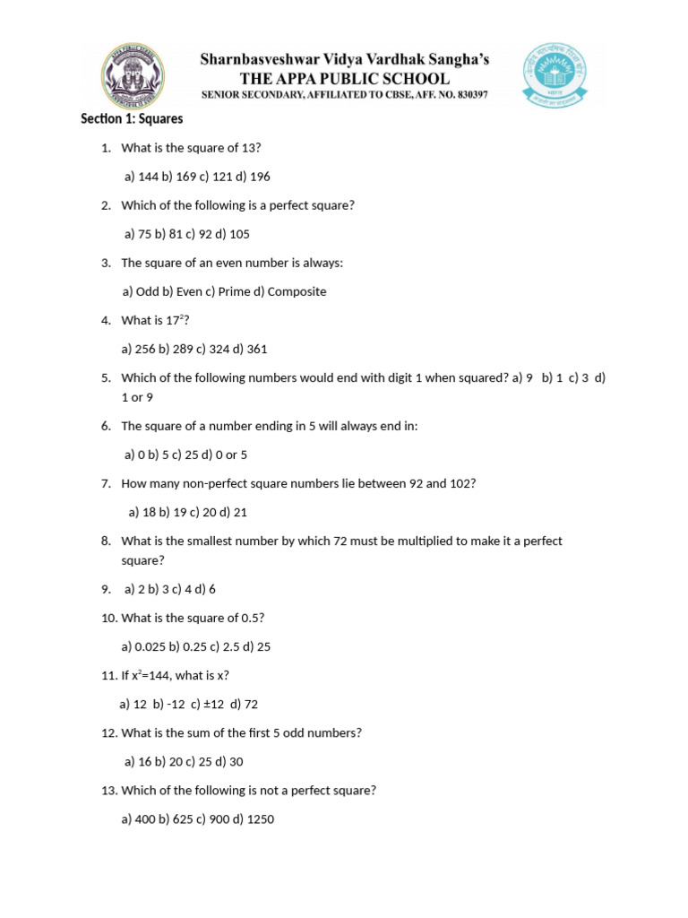 MCQ On Square and Square Roots | PDF | Zero Of A Function | Numbers