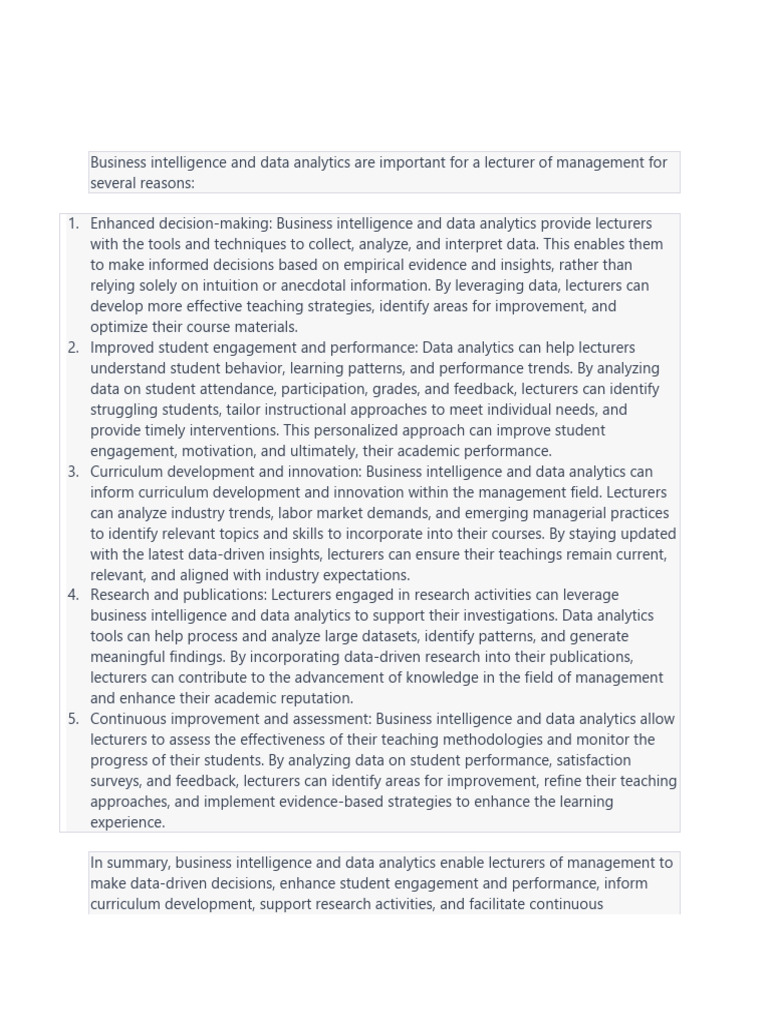 Business Intelligence and Data Analytics Are Important For A Lecturer of Management For Several ...