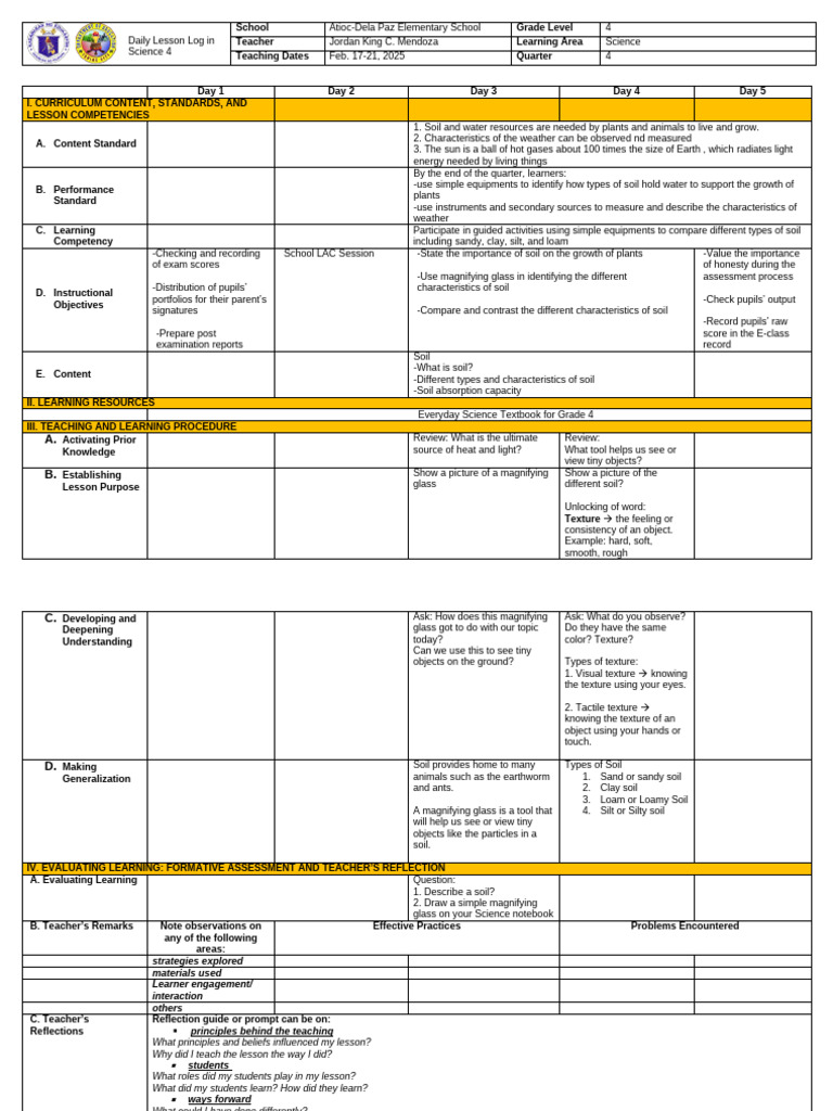 Grade 4 Science Daily Lesson Log | PDF | Earth Sciences | Learning