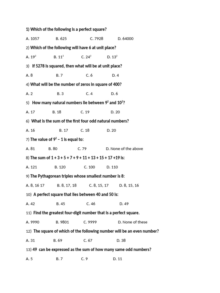 MCQ-Sqaure and Sqaure Roots | PDF | Mathematics | Elementary Mathematics