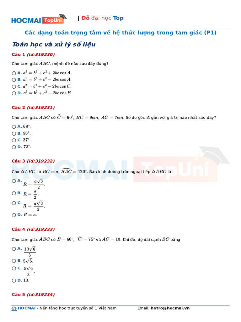 Cac Dang Toan Trong Tam Ve He Thuc Luong Trong Tam Giac P1 BTTL | PDF