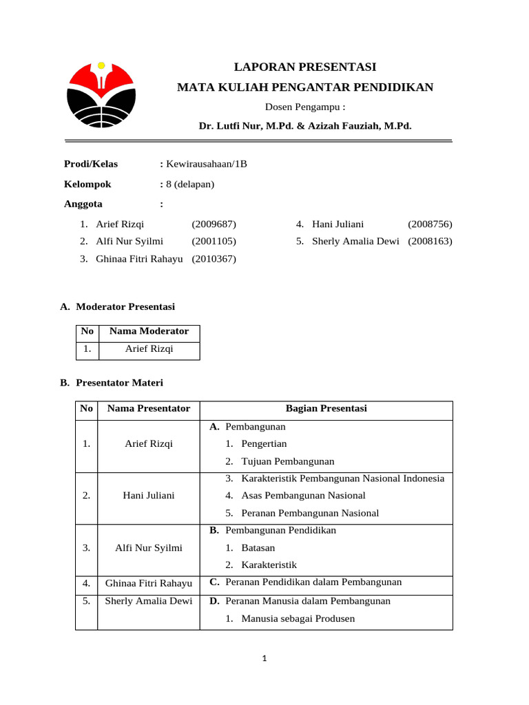Laporan Presentasi Pendidikan Dan Pembangunan (Kel.8) | PDF
