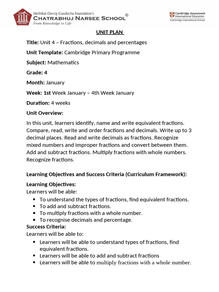 Unit 4: Fractions, Decimals, Percentages | PDF