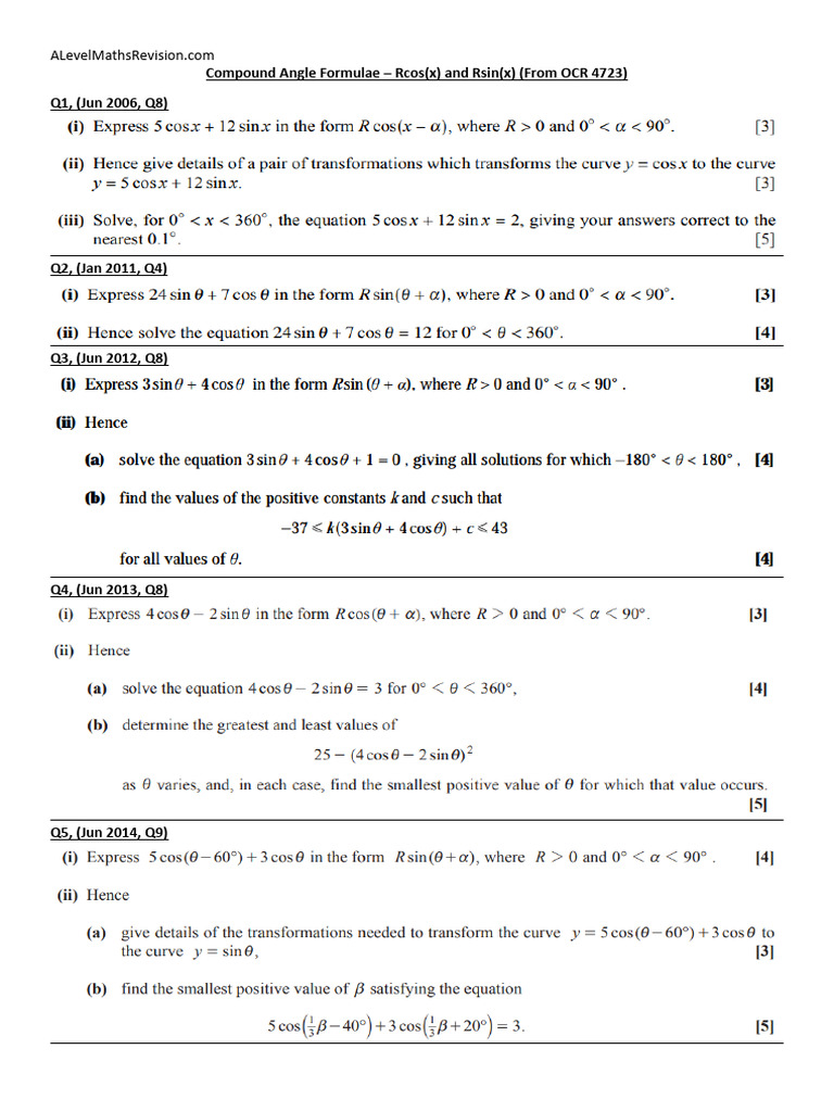 Compound Angle Formulae - Rcos (X) and Rsin (X) Exam Questions | PDF