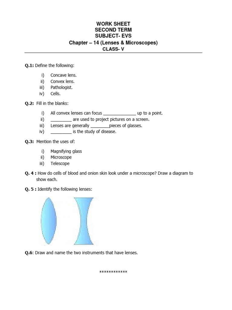 CBSE Class 5 EVS Worksheet - Lenses - Microscopes | PDF