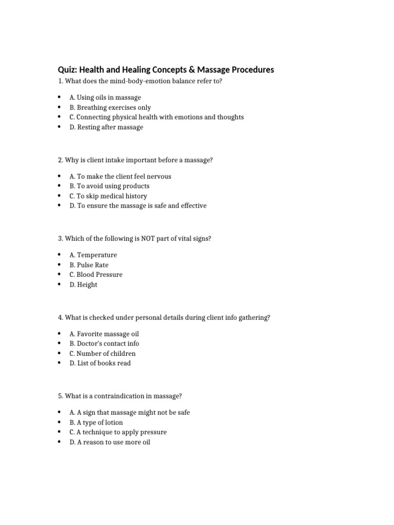 Health and Massage Quiz Guide | PDF | Massage | Clinical Medicine
