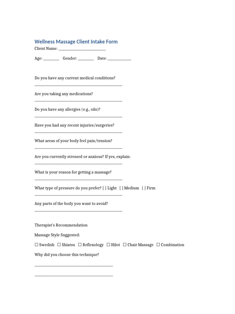 Wellness Massage Client Intake Form | PDF
