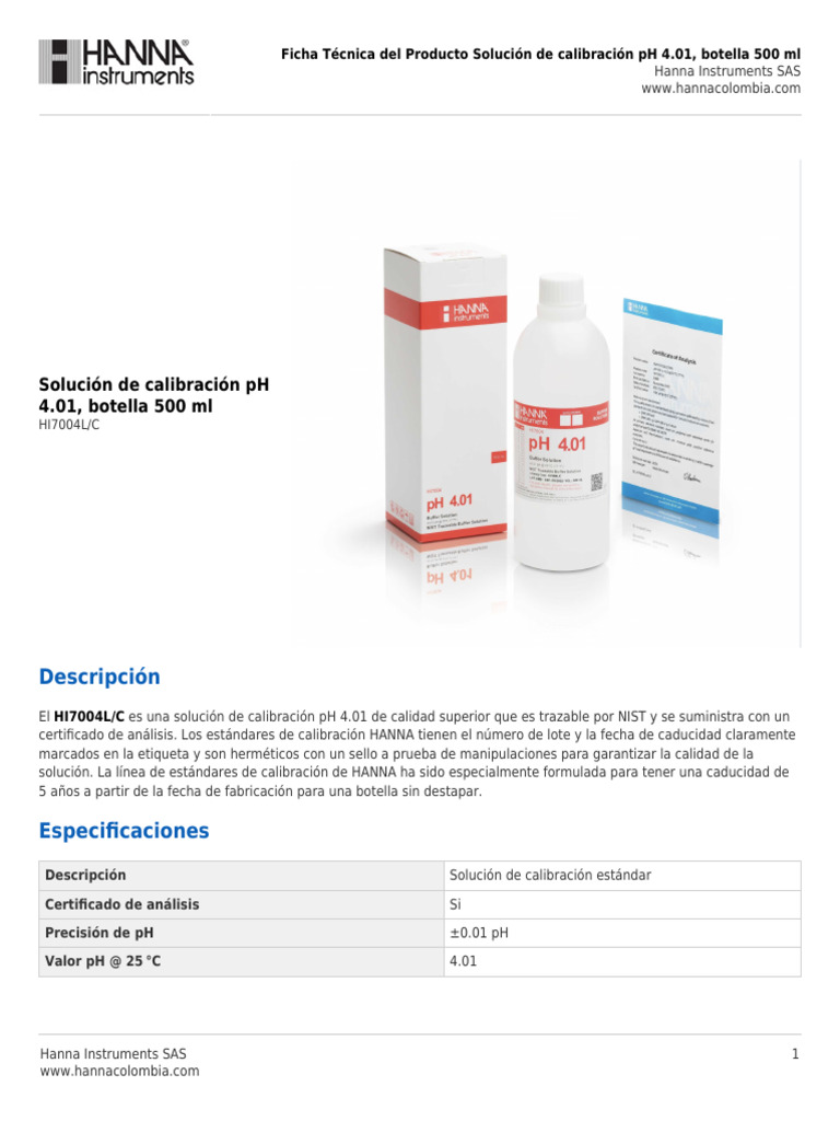 Hoja - de Tecnica HI7004-1L | PDF | Calibración | Botella
