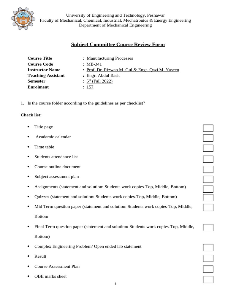 Subject Committee Course Review Form, Manu | PDF