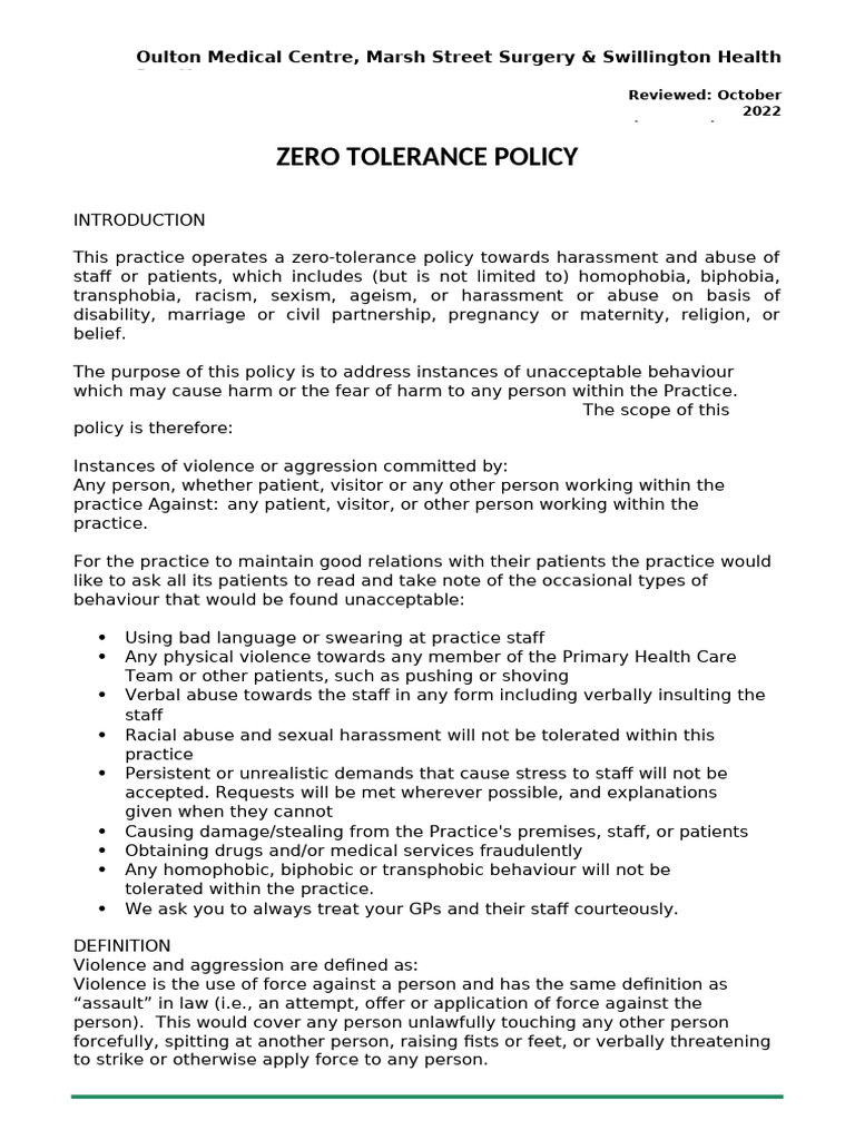 Zero Tolerance Policy 2022 23 | PDF | Risk | Violence