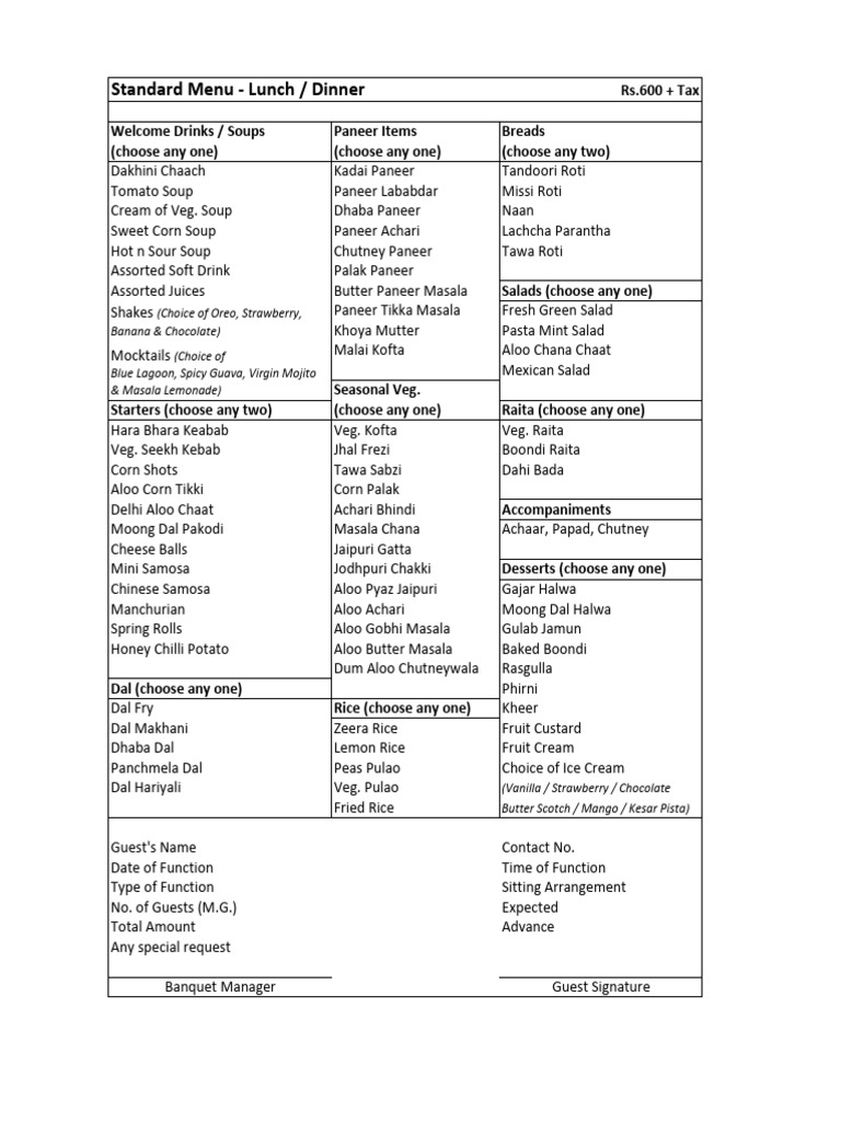 Standard Menu - Detailed | PDF | Cuisine | Foods