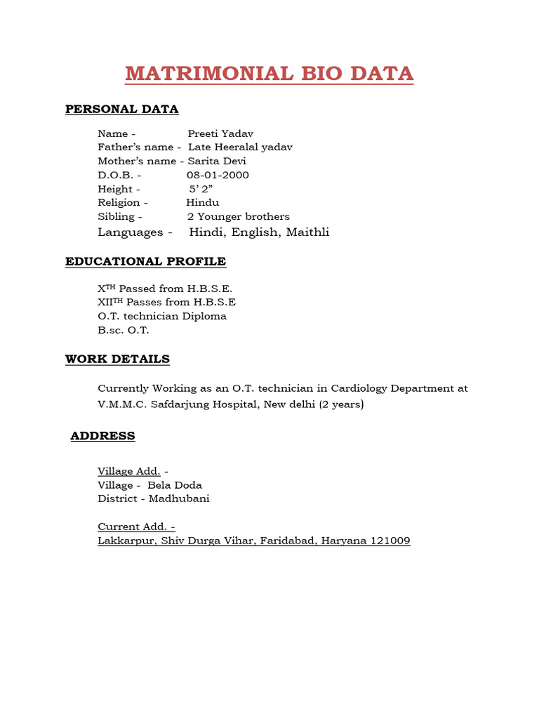Preeti Bio Data | PDF