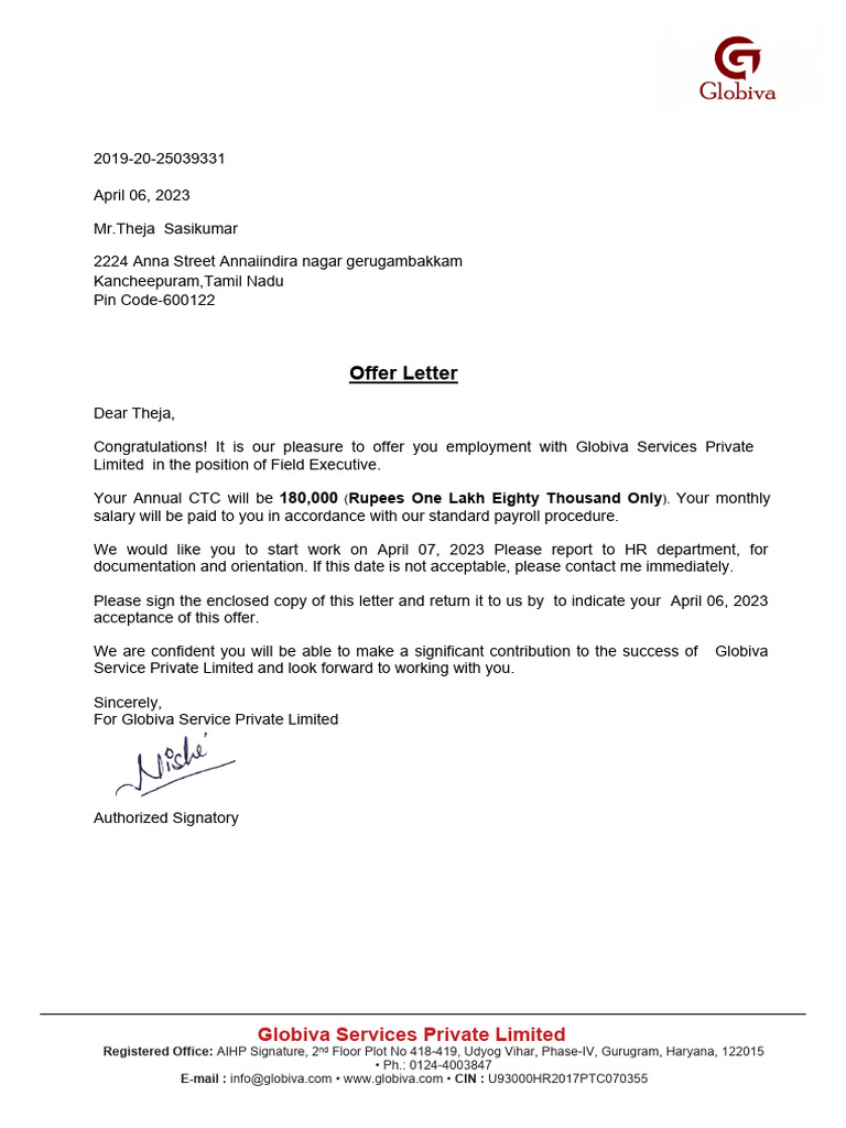 Offerletter Globiva Applicationid 39331 150400336pm 6 4 2023 15 53 3 961 | PDF | Salary | Payroll