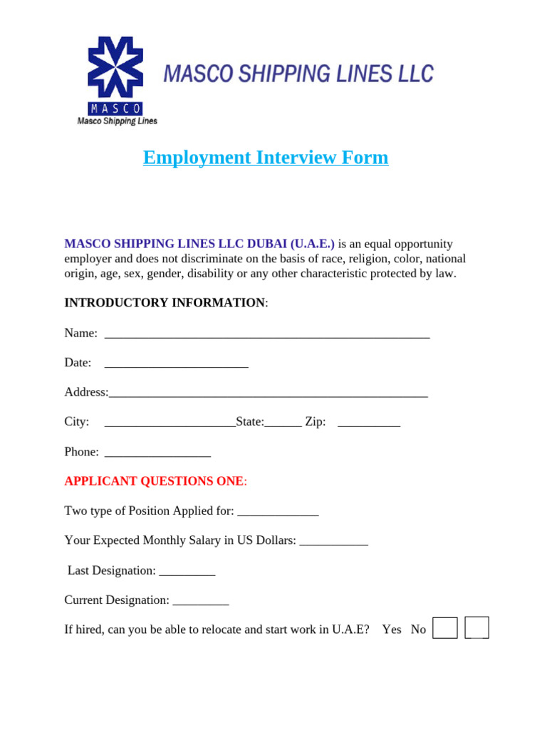 Employment Application for Masco Shipping | PDF | Business