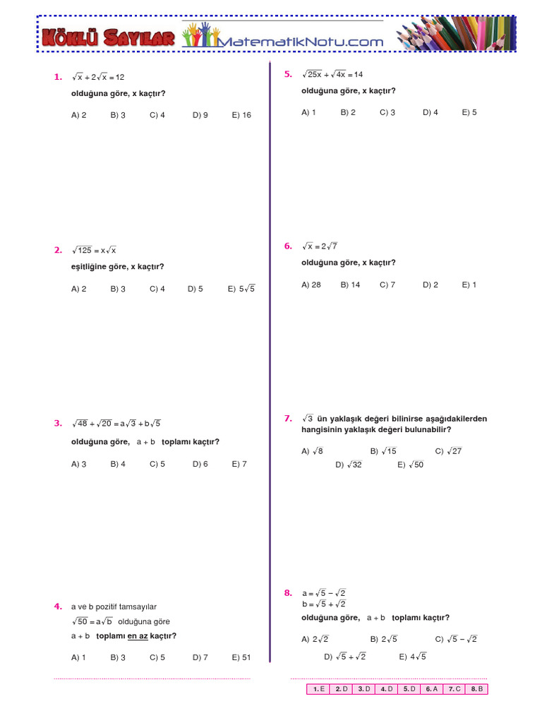 Koklu Sayilar Konu Testi 4 | PDF