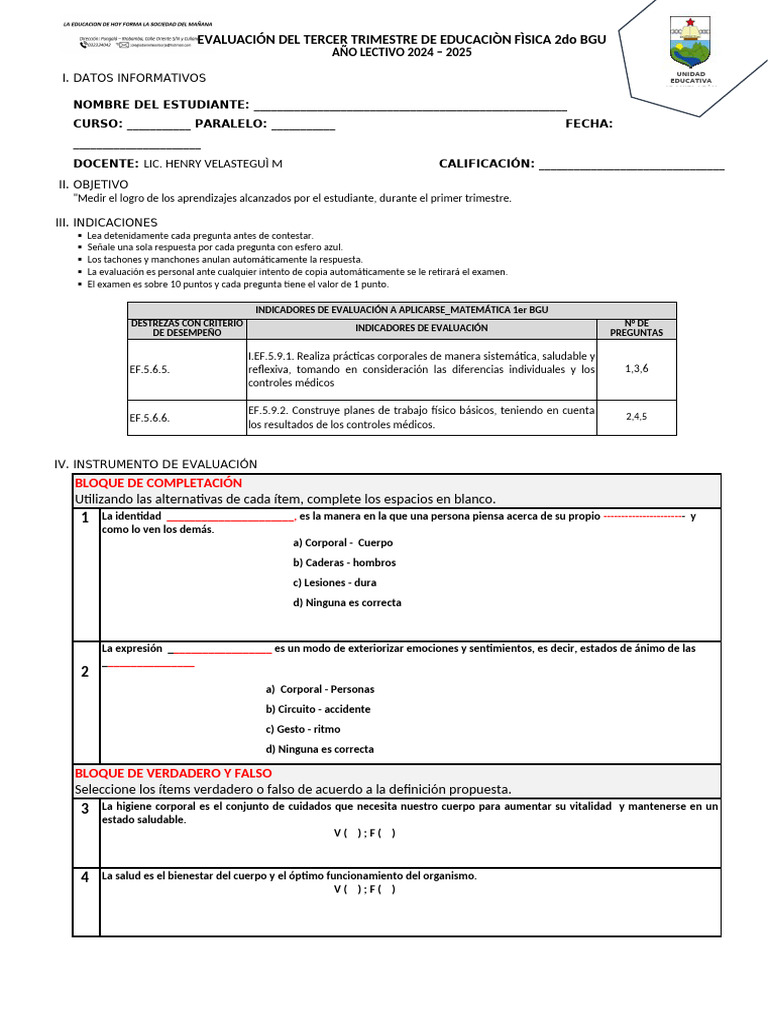 2do BGU - (3) TRIM - EEFF 2024-2025 | PDF | Sicología