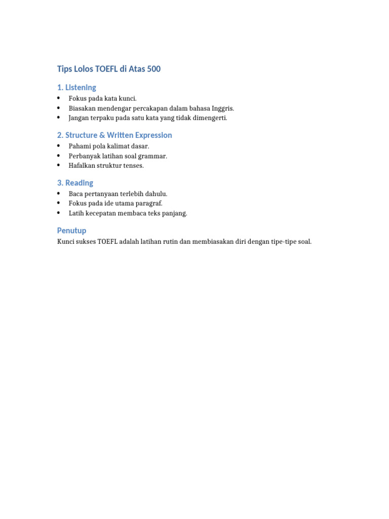 Tips Lolos TOEFL 500 Plus | PDF