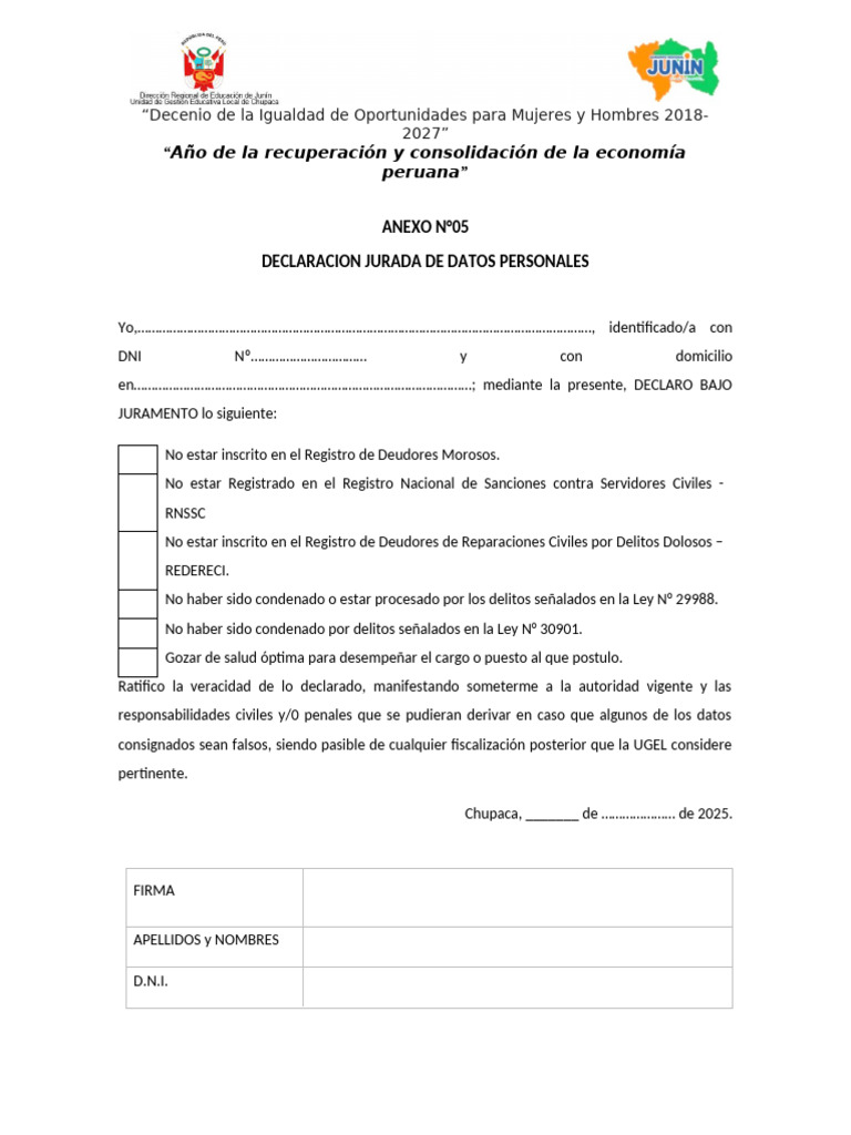 Anexo #05 - DECLARACION JURADA DE DATOS PERSONALES | PDF