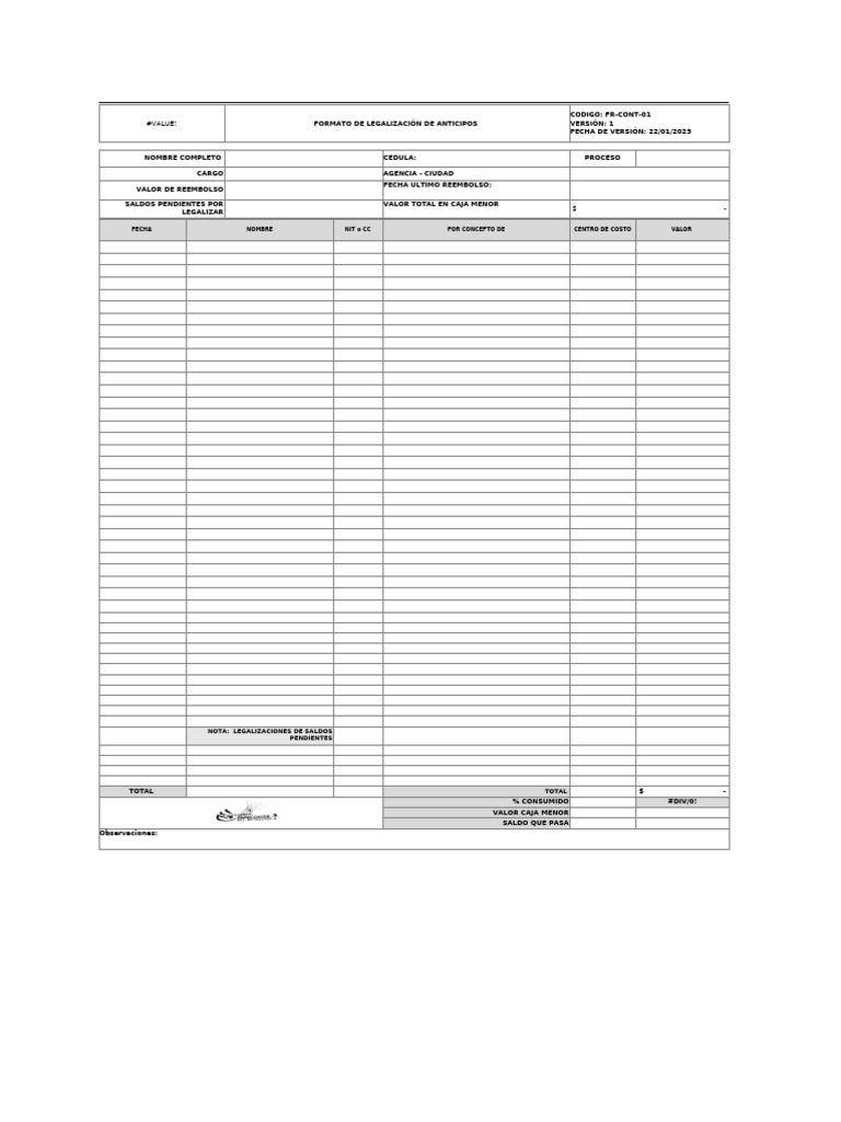 Fr-Cont-01 Formato de Legalizacio de Anticipos | PDF