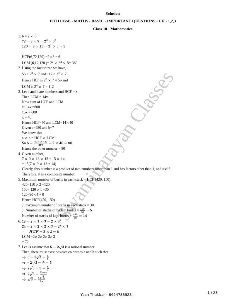 10th CBSE - Maths - Basic - Important Questions - CH - 1,2,3 - Solution | PDF | Zero Of A ...