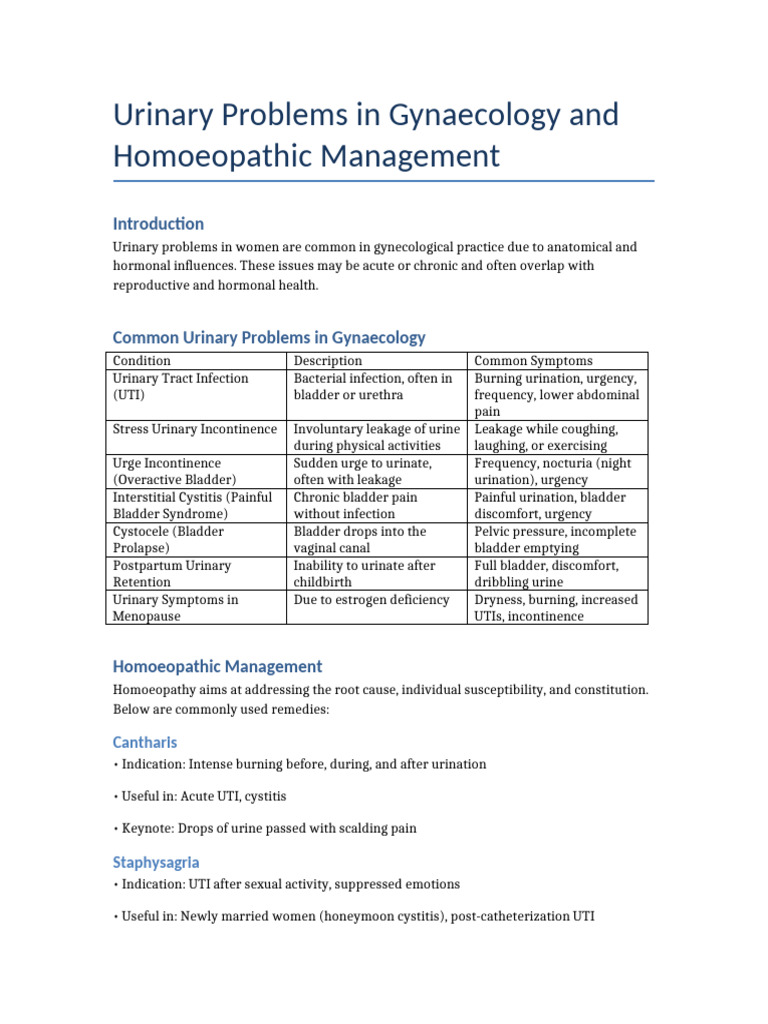 Urinary Problems Gynaecology Homoeopathy | PDF | Urinary Incontinence | Urinary Tract Infection