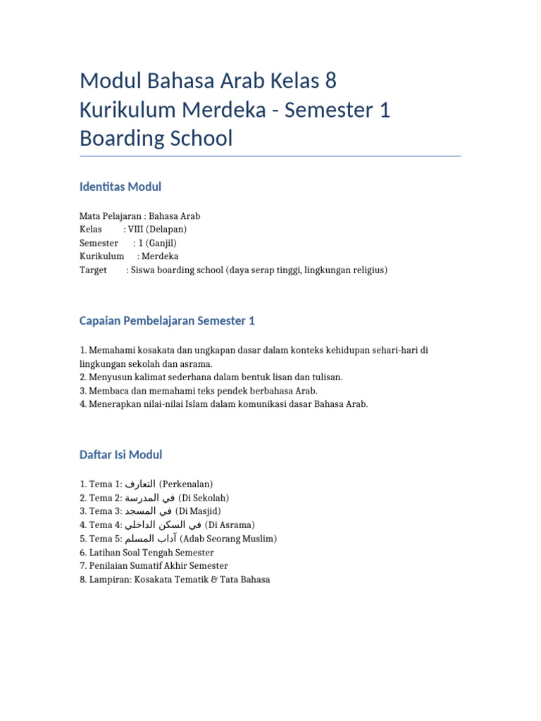 Modul Bahasa Arab Kelas 8 Semester 1 | PDF