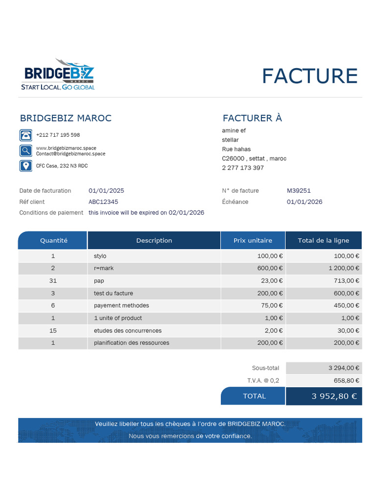 Facture BRIDGEBIZ MAROC M39251 | PDF