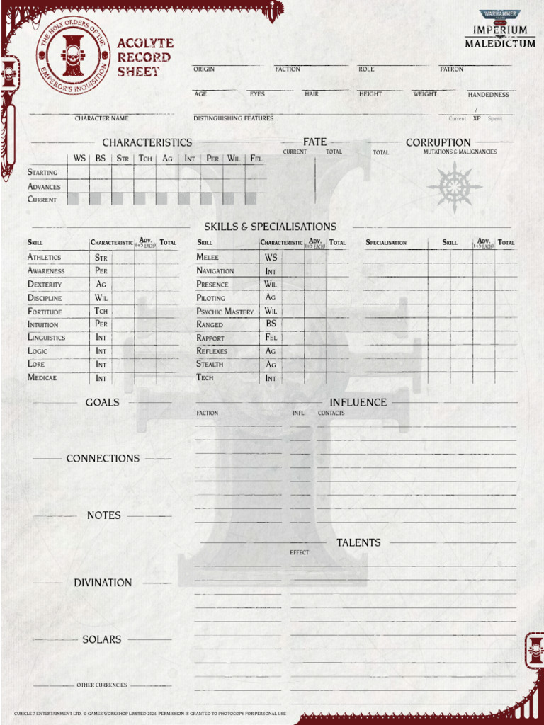 Inquisition Character Sheet | PDF | Role Playing Games | Tabletop Games
