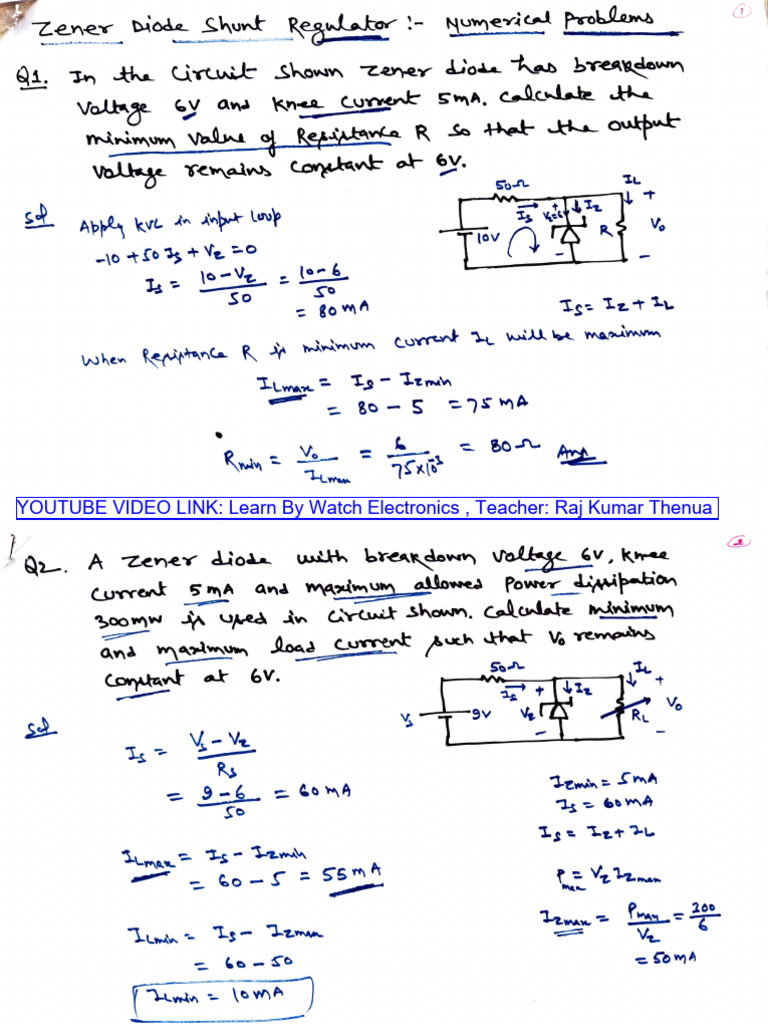 Zener Diode Shunt Regulator Numericals | PDF