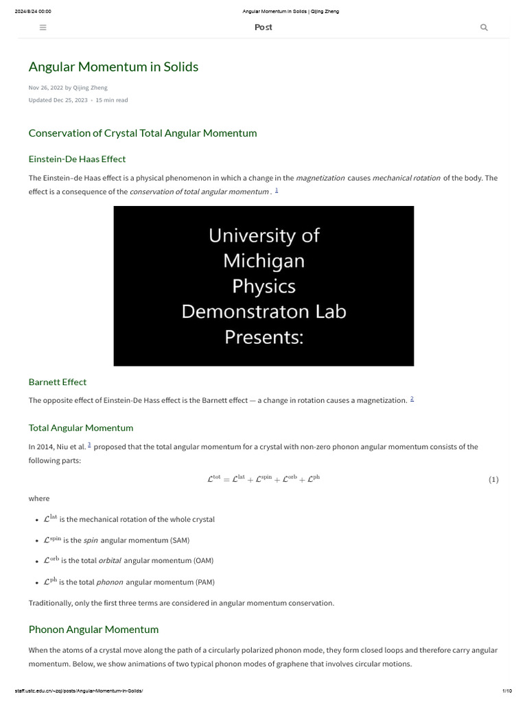 Angular Momentum in Solids - Qijing Zheng | PDF | Phonon | Physical ...