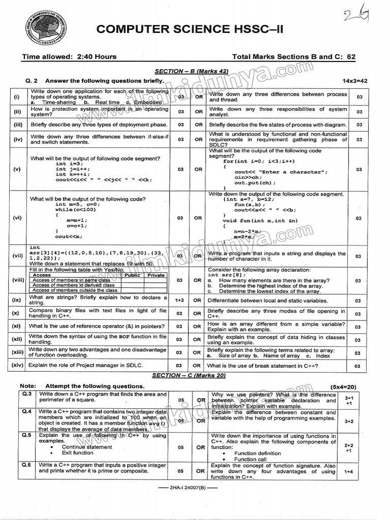 Past Paper 2024 12th Class Federal Board Computer Science Group I ...