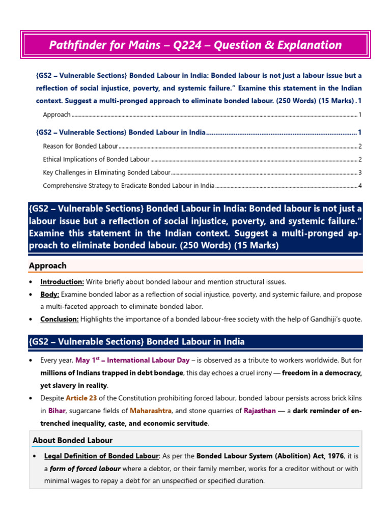 PMFIAS Mains GS2 Vulnerable Sections Bonded Labour QE 224 | PDF | Labour Economics | Social Policy
