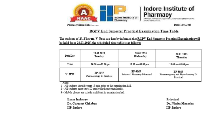 RGPV B. Pharm V Sem Practical Timetable | PDF