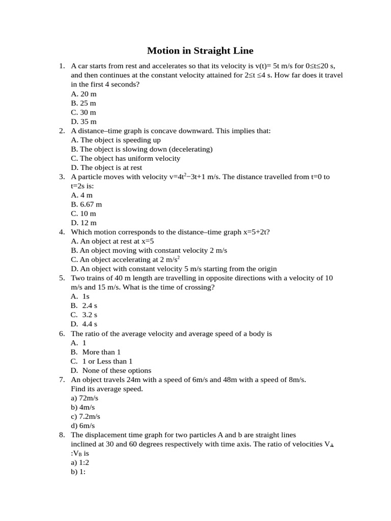 Class 11 Motion in Straight Line Questions | PDF | Acceleration | Velocity