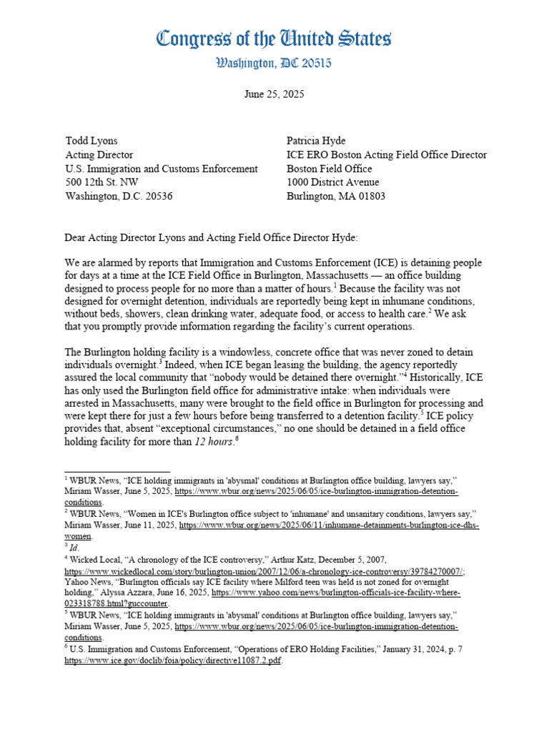 Final Warren Markey Delegation Letter To ICE On Burlington Holding ...
