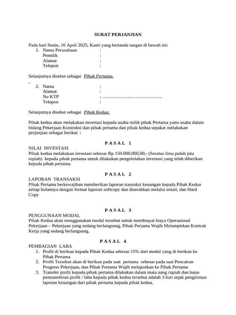 Perjanjian Peminjaman Modal SMPL | PDF