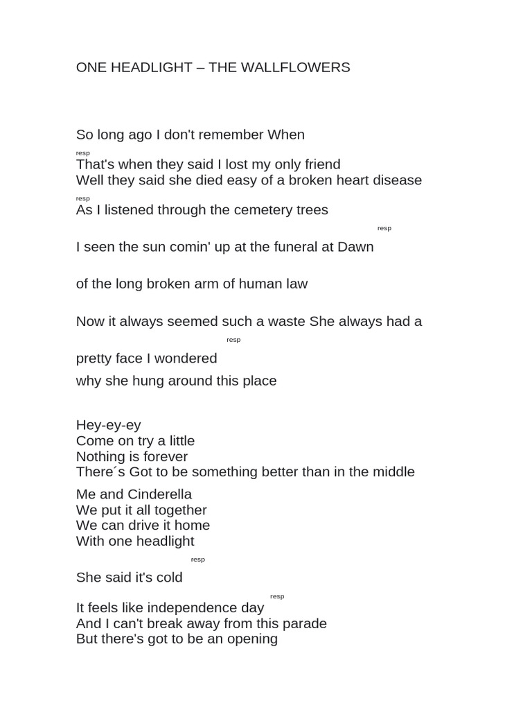 One Headlight Lyrics Analysis | PDF