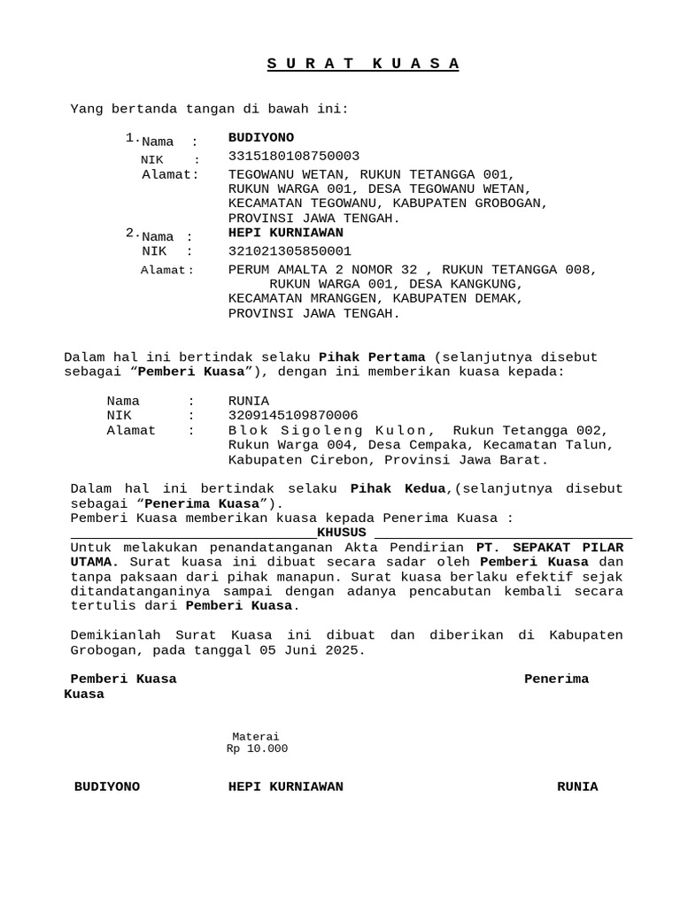 Surat Kuasa Pt. Sepakat Pilar Utama | PDF