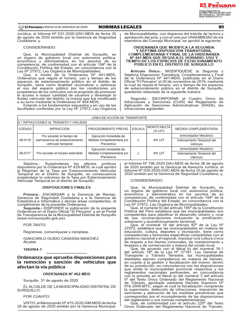 Ordenanza Que Aprueba Disposiciones para La Remocion y Sanci Ordenanza ...