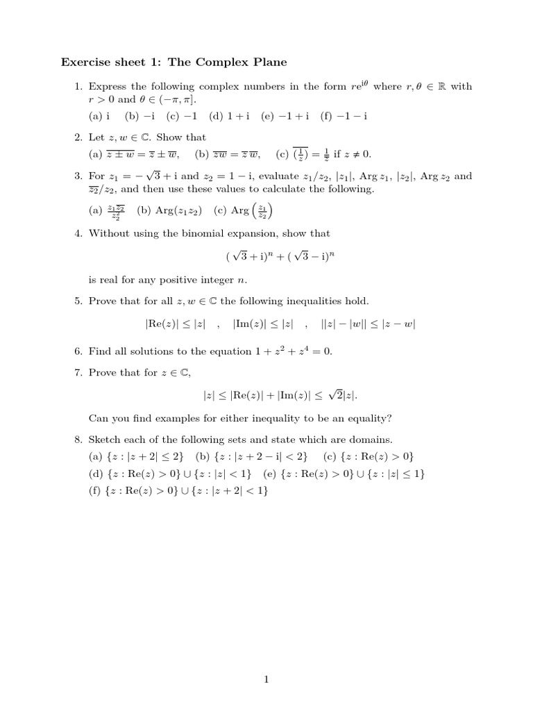 Complex Plane Exercises and Solutions | PDF