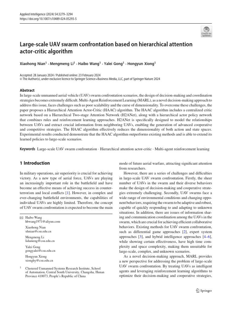 Large-scale UAV Swarm Confrontation Based on Hierarchical Attention Actor-critic Algorithm | PDF