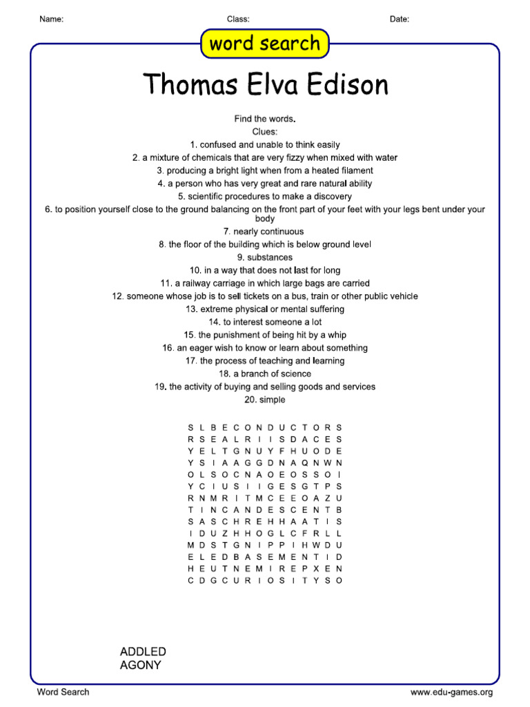 Thomas Elva Edison - Word Search | PDF