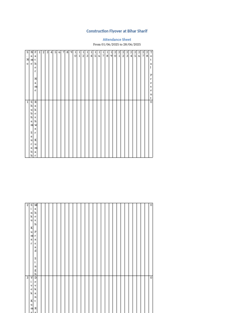 Fixed Complete 28days Attendance Sheet | PDF