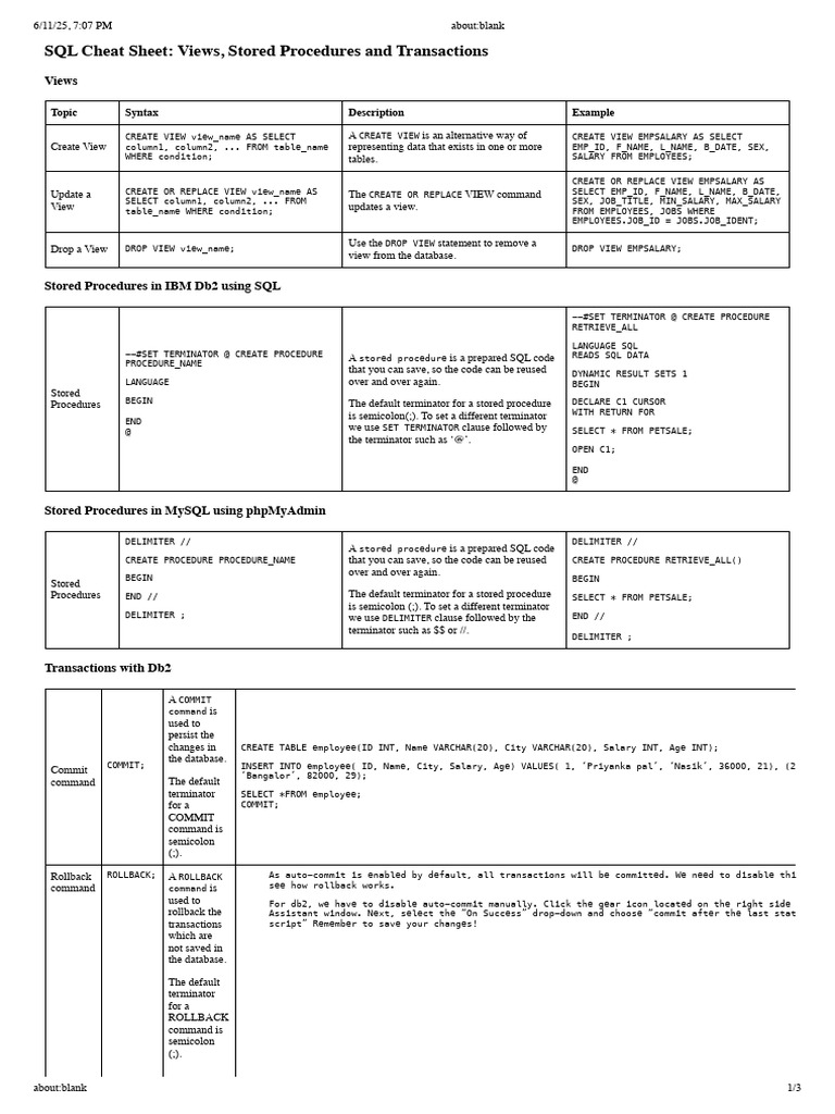 Cheat Sheet Views, Stored Procedures and Transactions | PDF | Sql | Database Transaction