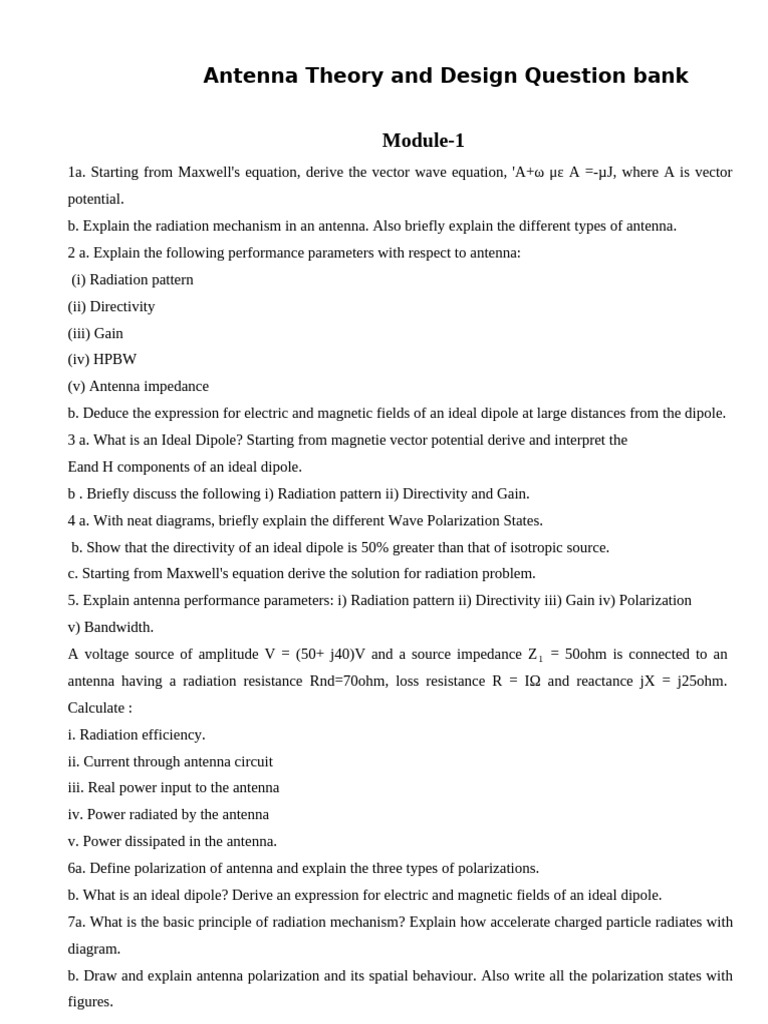 Antenna Theory & Design Question Bank | PDF | Antenna (Radio ...
