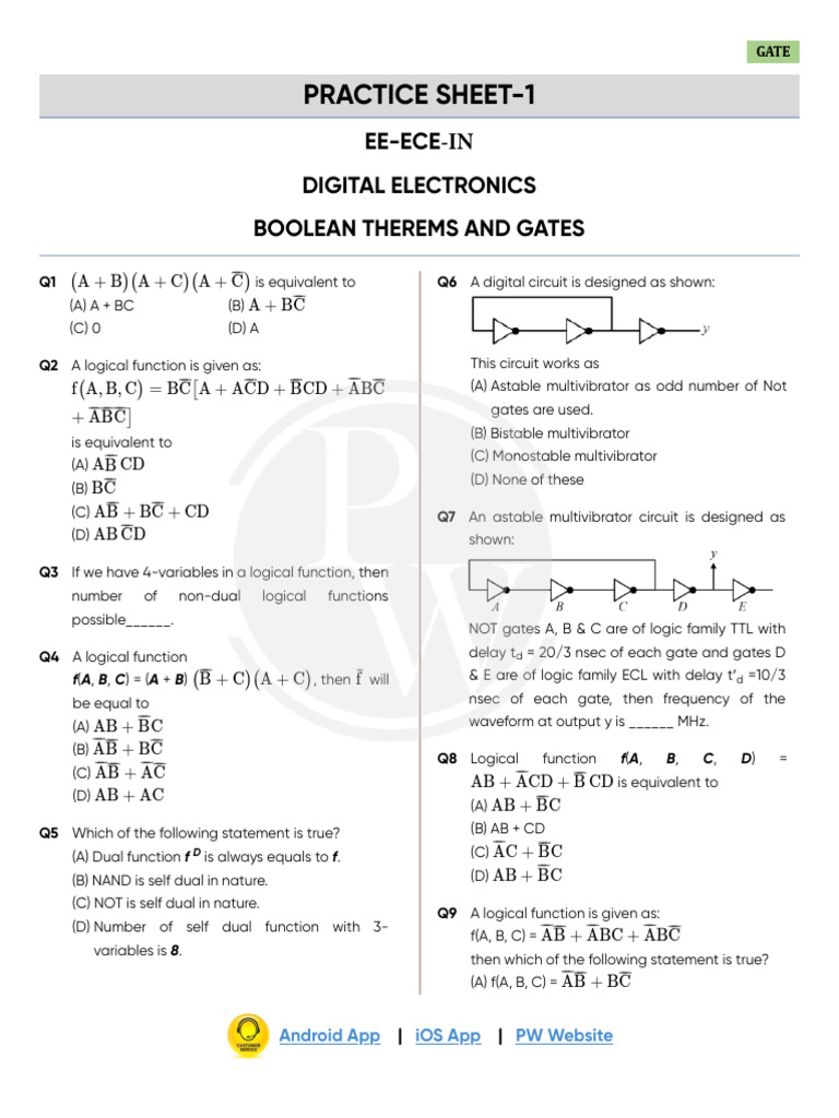Boolean Theorems and GATES - Practice Sheet 01 | PDF | Electronics ...