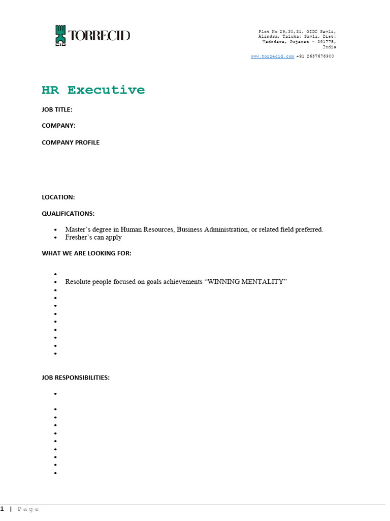 HR Executive JOB Description | PDF | Human Resources | Organizational ...