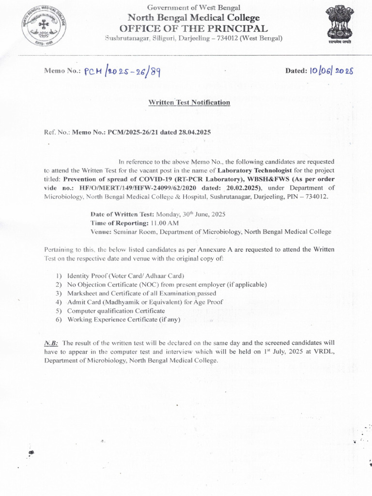 Written Test Notification For Laboratory Technologist COVID 19 | PDF