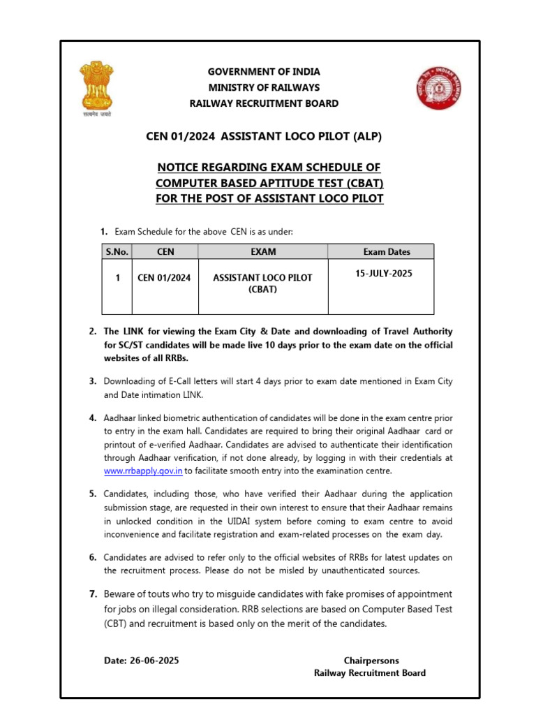 Cen 01/2024 Assistant Loco Pilot (Alp) Notice Regarding Exam Schedule ...