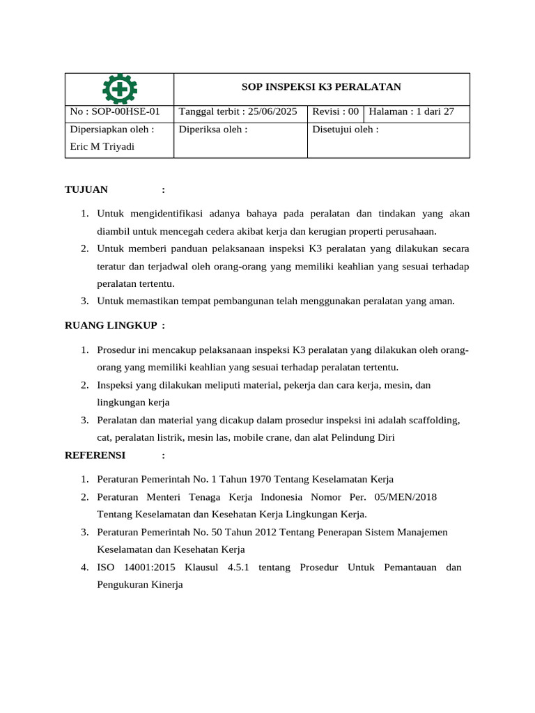 Sop Inspeksi k3 Peralatan | PDF